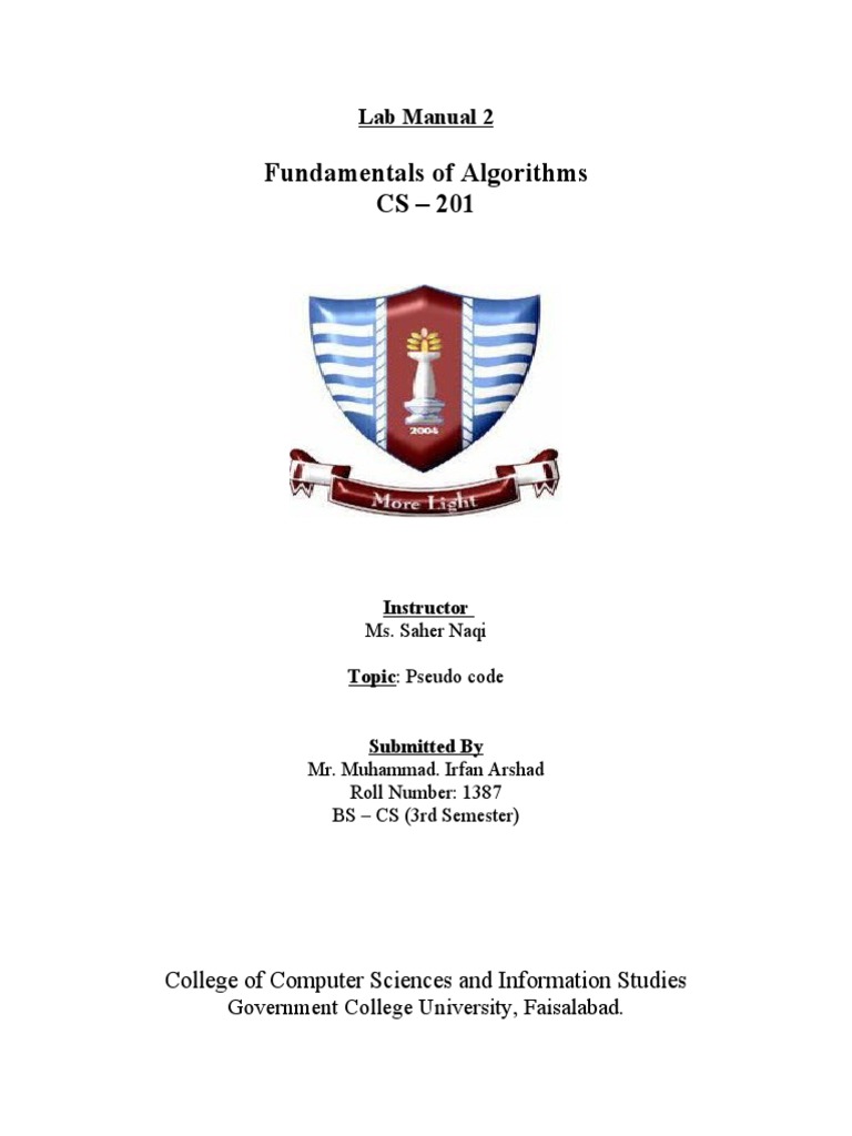 Fundamentals Of Algorithms Cs 201 Lab Manual 2 Pdf Algorithms Computer Programming 9694