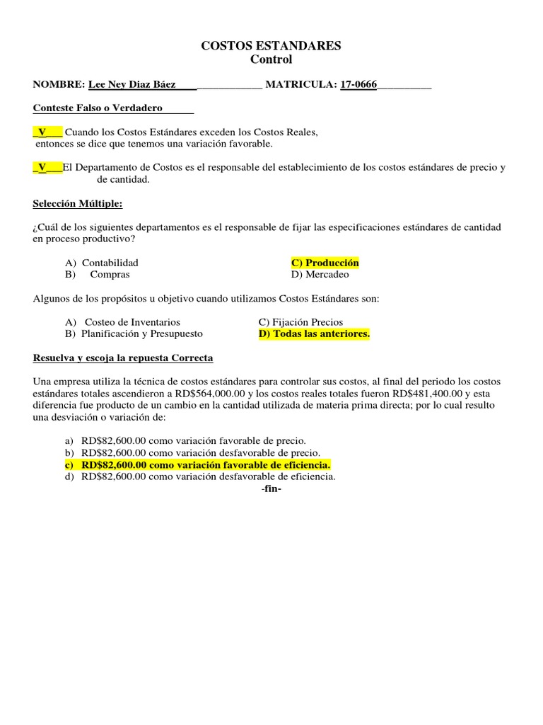 Costos Estandar Control Lectura | PDF | Finanzas y dinero