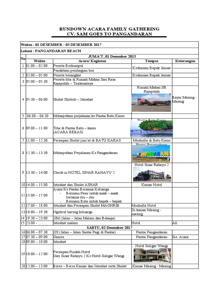 RUNDOWN ACARA FAMILY GATHERING Pangandaran | PDF