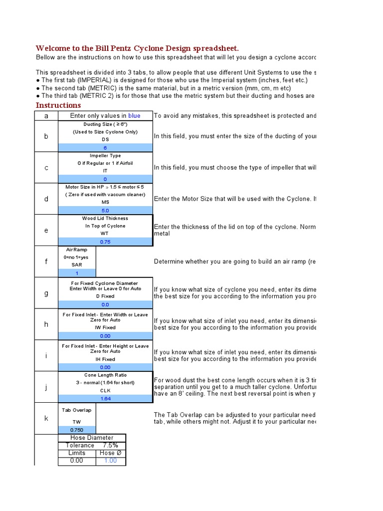 Welcome To The Bill Pentz Cyclone Design Spreadsheet.: 0 No 1 Yes | PDF ...