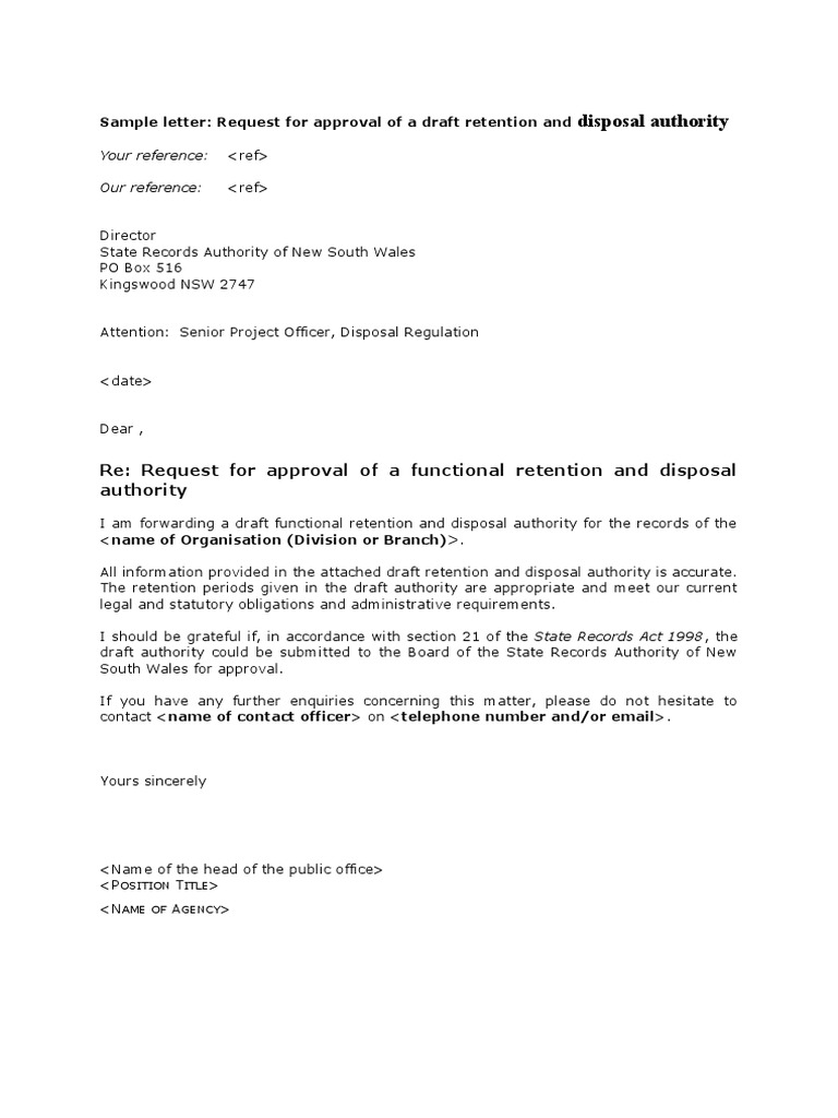 Disposal Authority: Re: Request For Approval of A Functional Retention ...