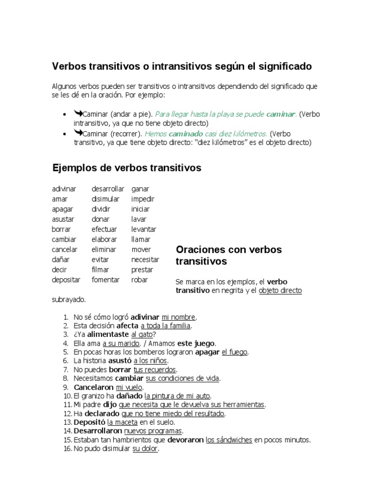 Verbos Transitivos o Intransitivos Según El Significado | PDF | Verbo ...
