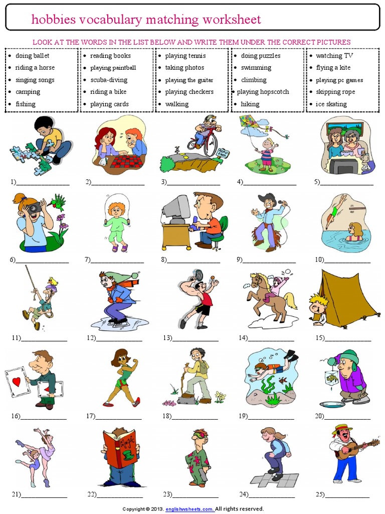 Hobbies and Interests Vocabulary Matching Exercise Worksheet | PDF
