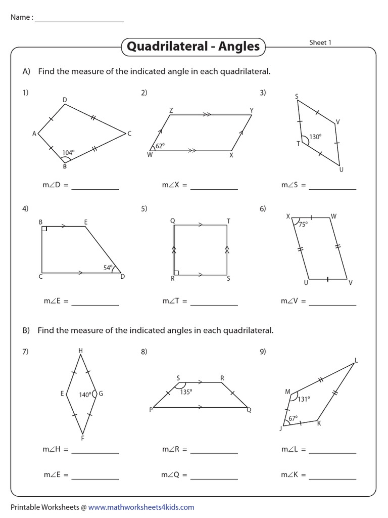 Quadrilateral - Angles: A) Find The Measure of The Indicated Angle in ...