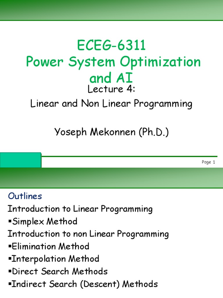 ECEG-6311 Power System Optimization and AI: Linear and Non Linear Programming Yoseph Mekonnen ...