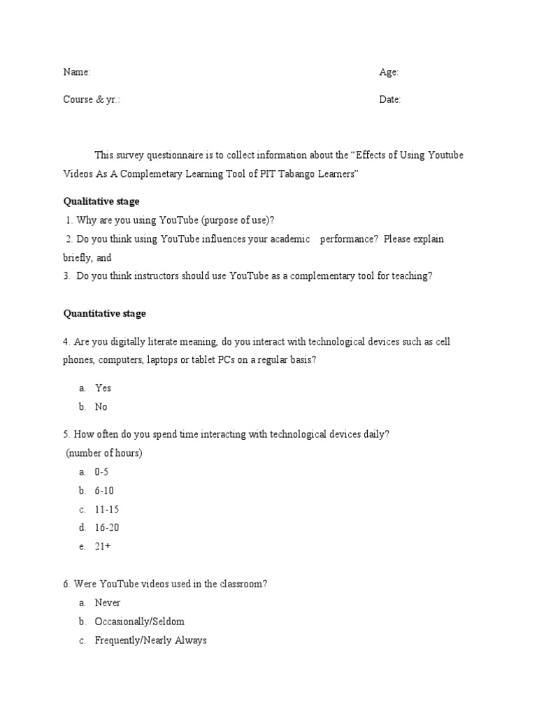 Survey Questionnaire | PDF | Critical Thinking | You Tube