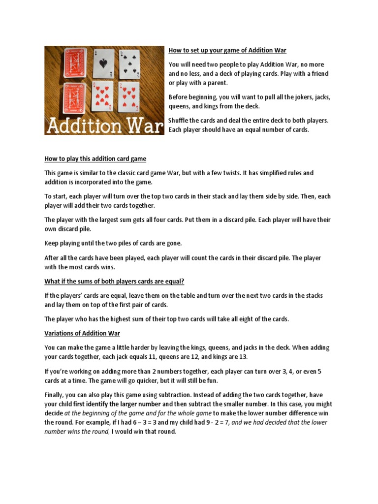 Addition War Math Card Game | PDF | Playing Cards | Card Games
