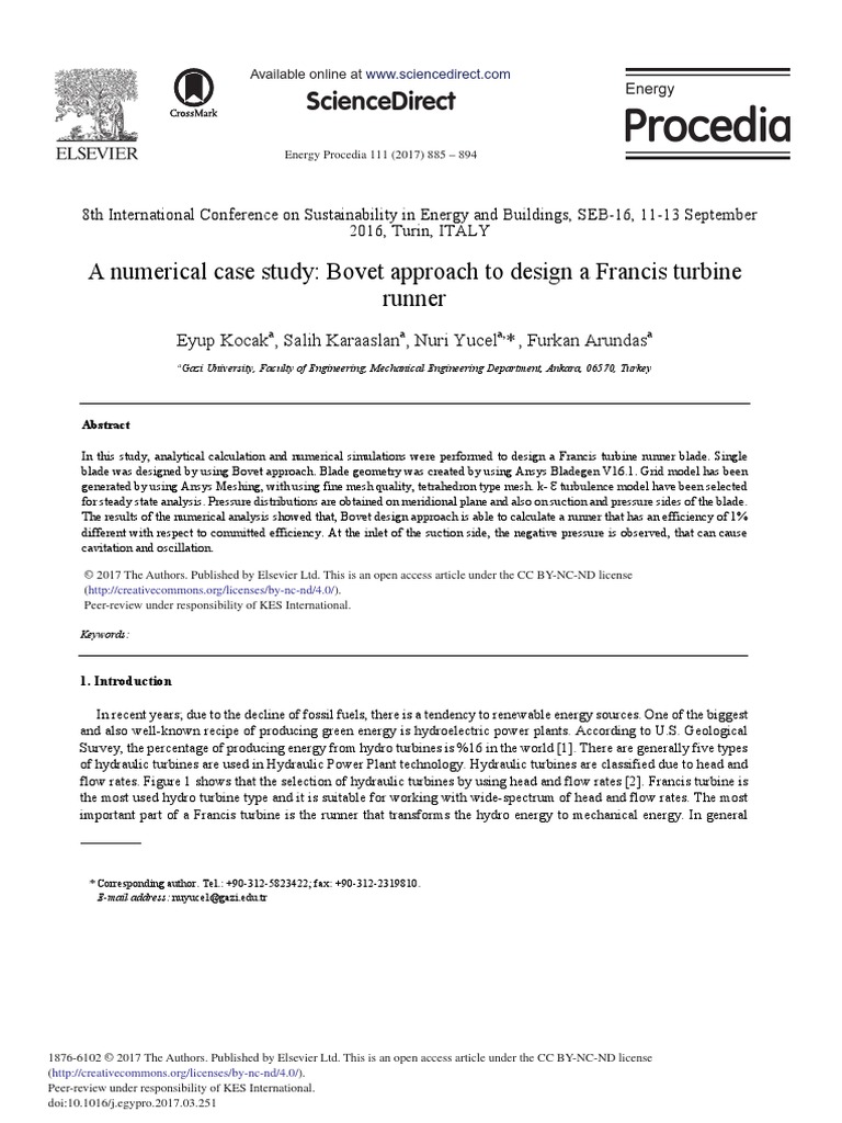 Sciencedirect: A Numerical Case Study: Bovet Approach To Design A Francis Turbine Runner ...