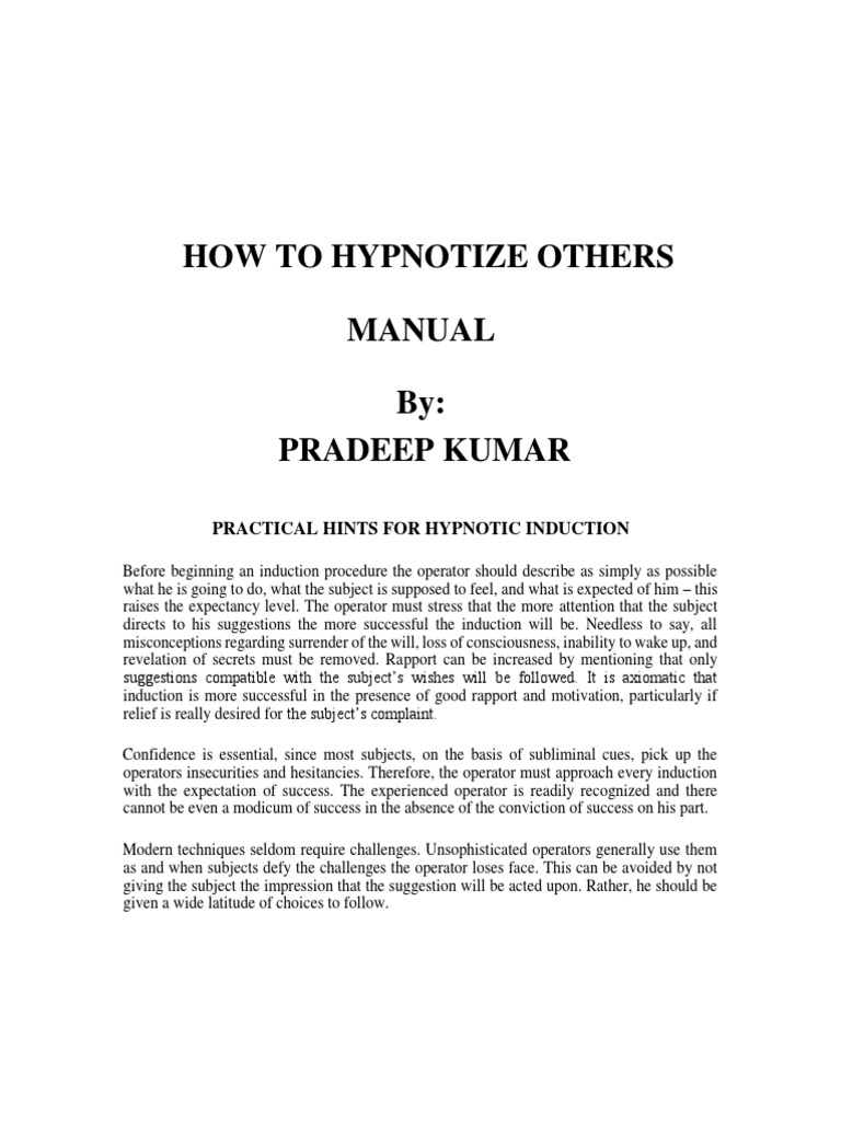 How To Hypnotize Others Manual By: Pradeep Kumar: Practical Hints For ...