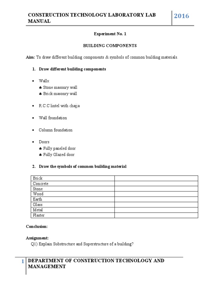 Construction Technology Laboratory Lab Manual | PDF | Masonry | Mortar ...