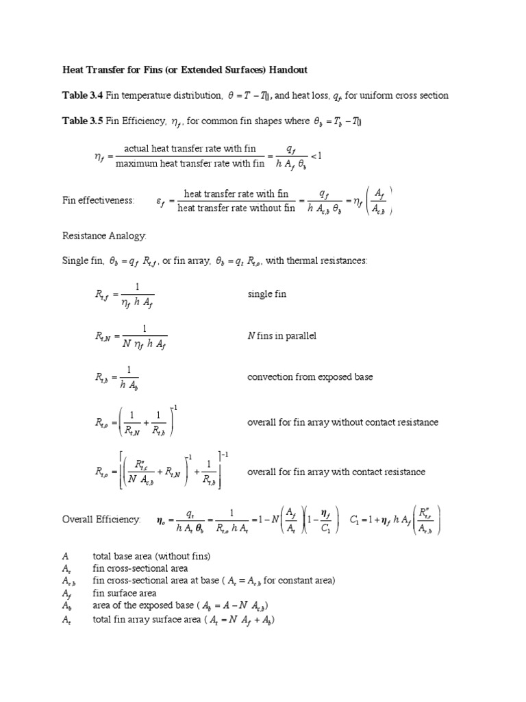 Heat Transfer For Fins (Or Extended Surfaces) Handout Table 3.4 Fin ...