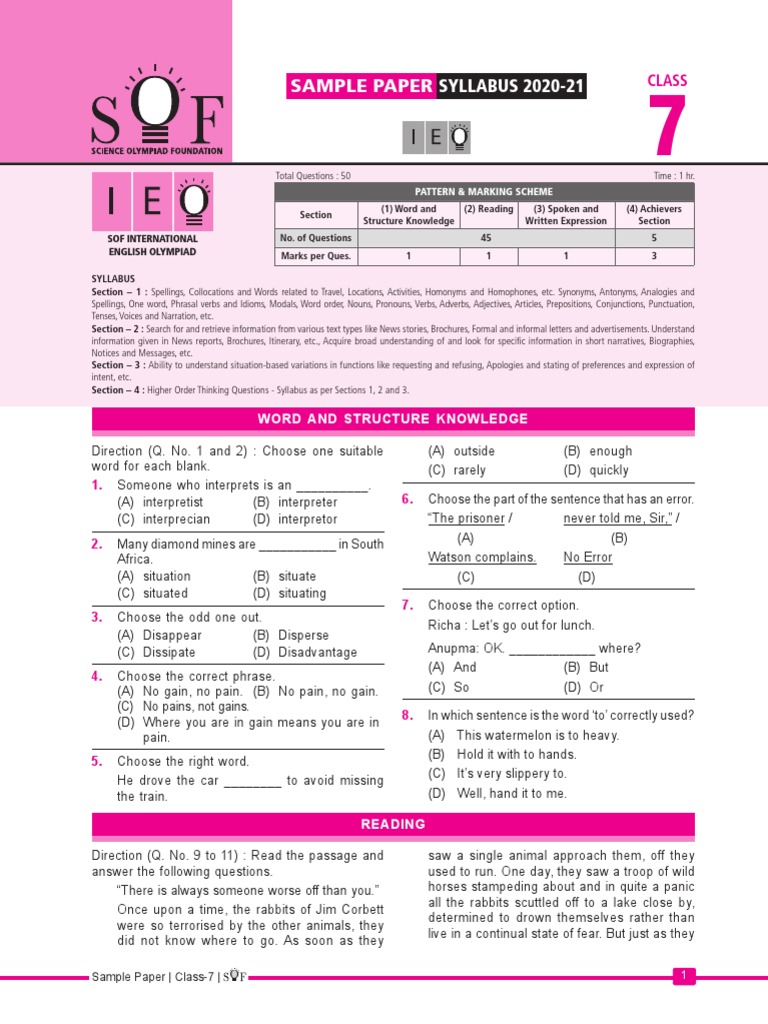 Class 7 IEO Sample Paper | PDF | Verb | English Language