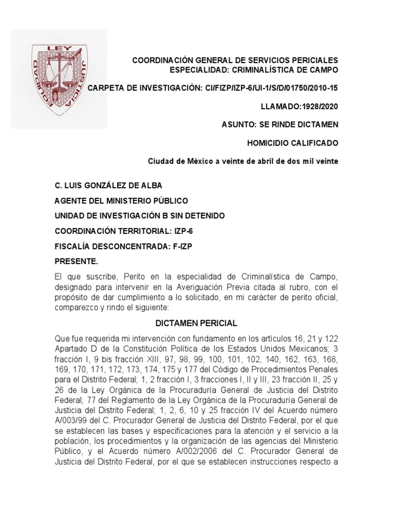 Dictamen Pericial En Criminalistica De Campo Pdf Ciudad De México