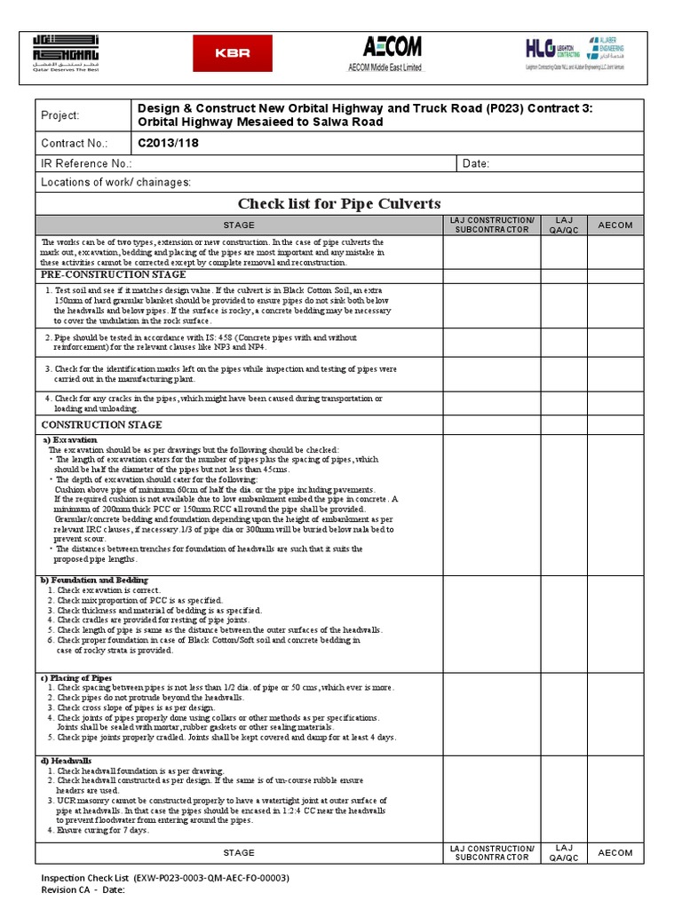 Pipe Culvert Construction Checklist | PDF | Pipe (Fluid Conveyance ...