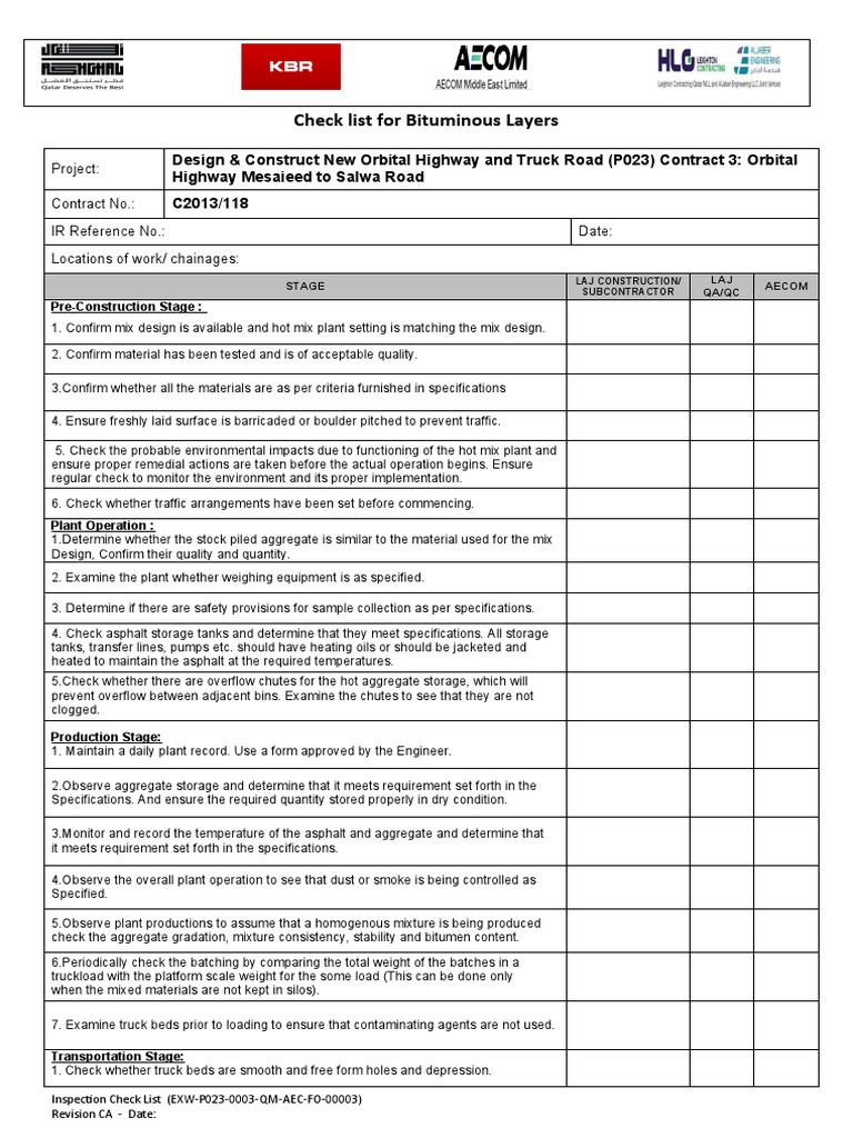 6 Checklist Bituminous Layer | PDF | Asphalt | Construction Aggregate