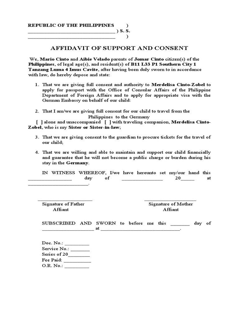 Affidavit of Support and Consent | PDF