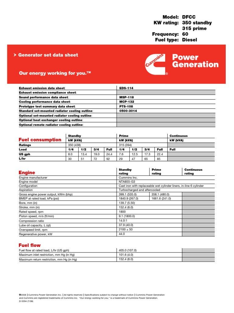 H Generator Set Data Sheet: Fuel Consumption | PDF | Horsepower | Radiator