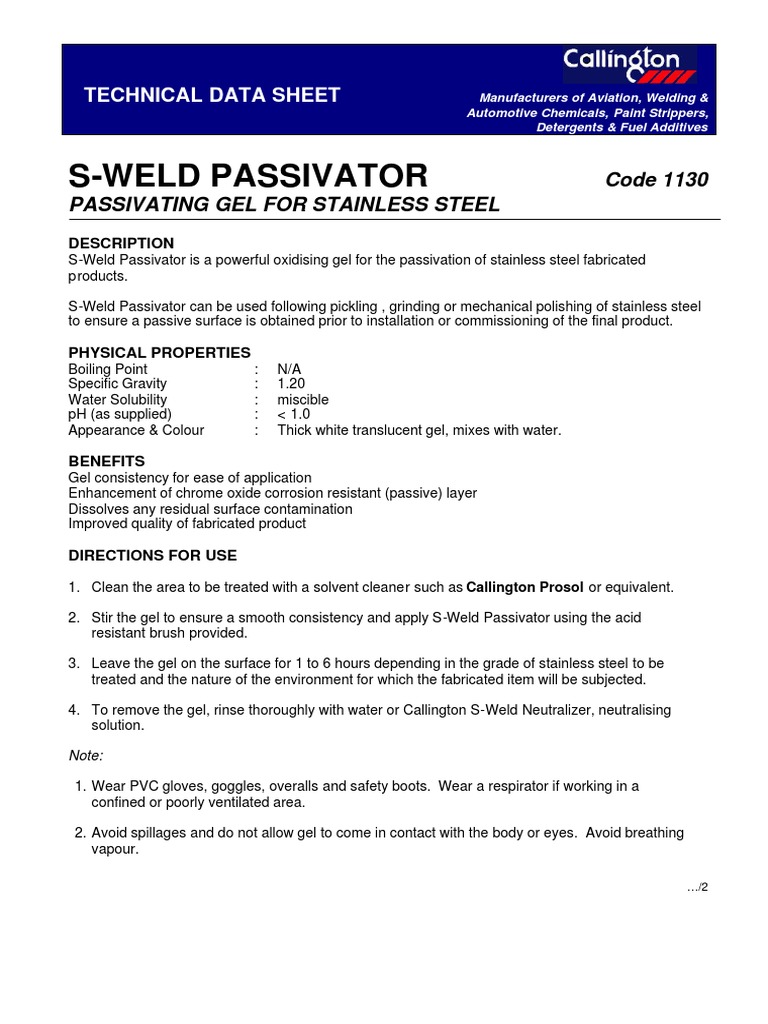 S-Weld Passivator Technical Data Sheet | PDF | Stainless Steel | Corrosion