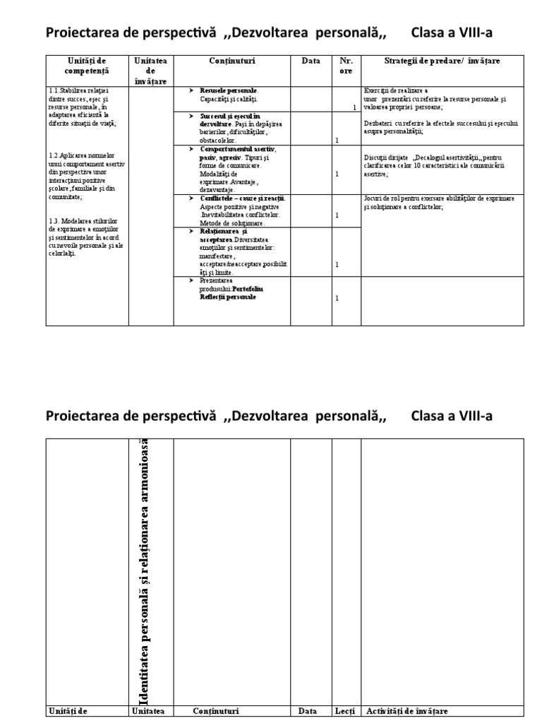 Dezvoltarea Personal Plan CL - VIII-a | PDF