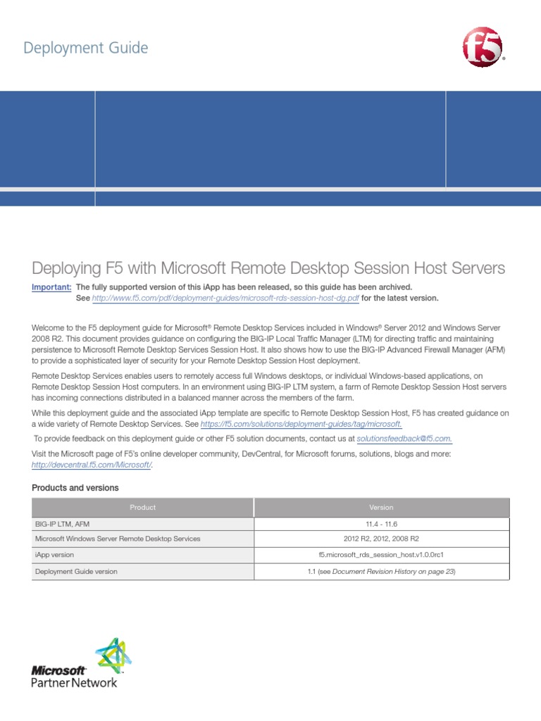 Deployment Guide: Deploying F5 With Microsoft Remote Desktop Session Host Servers | PDF | Remote ...
