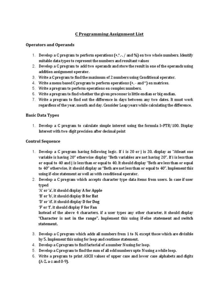 C Programming Assignment List 2020 Pdf String Computer Science Integer Computer Science