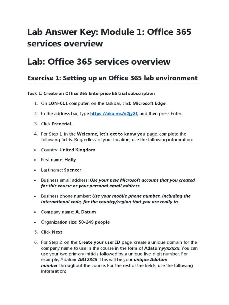 Lab Answer Key: Module 1: Office 365 Services Overview Lab: Office 365 ...