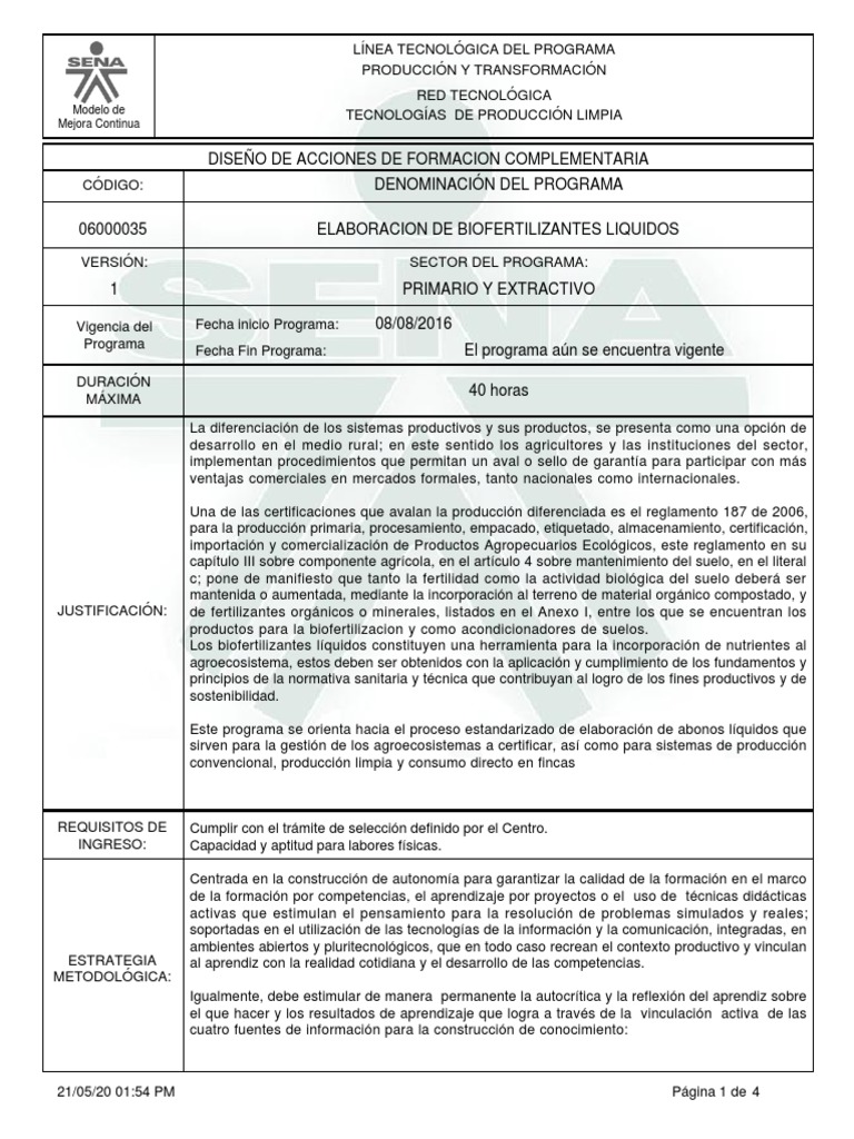 Informe Programa de Formación Complementaria | PDF | Agricultura | Tecnología de información y ...