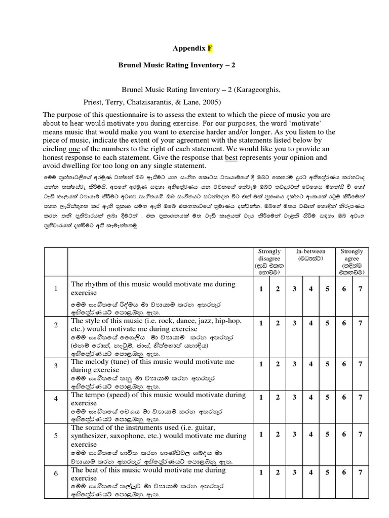 Music Motivation Inventory for Exercise | PDF | Quality Of Life