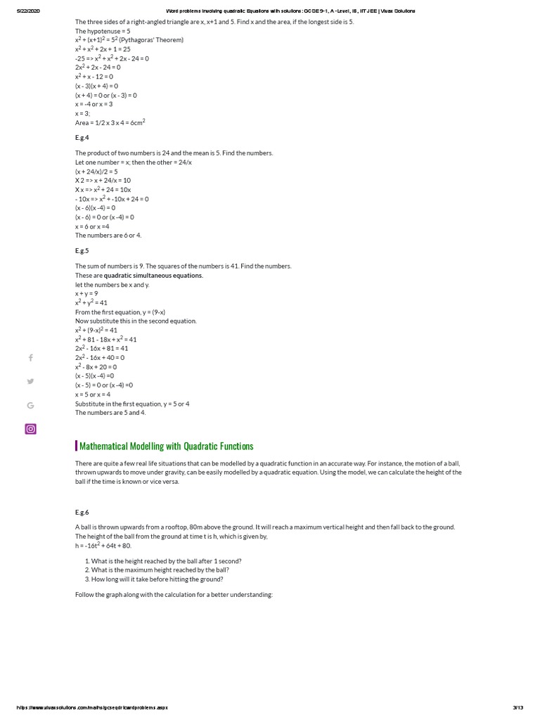 Word Problems Involving Quadratic Equations With Solutions - GCSE 9-1 ...
