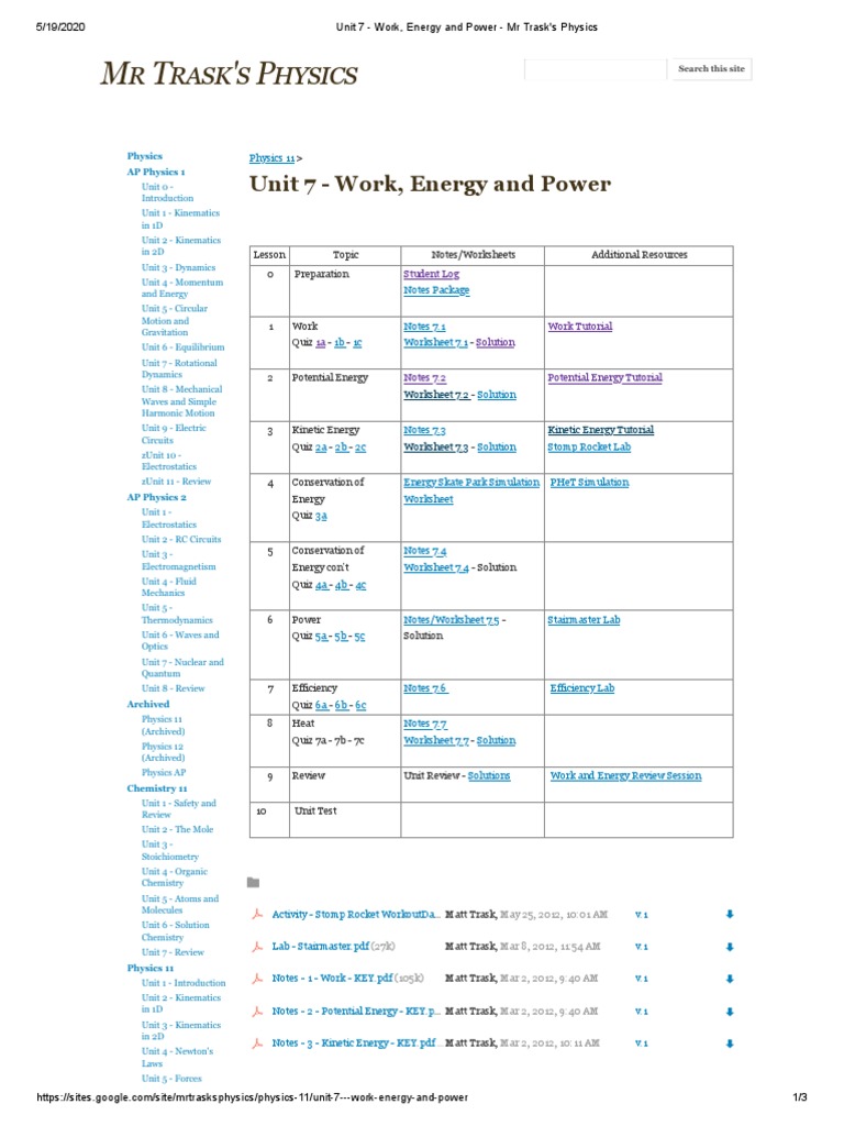 Unit 7 - Work, Energy and Power - MR Trask's Physics | PDF | Momentum ...