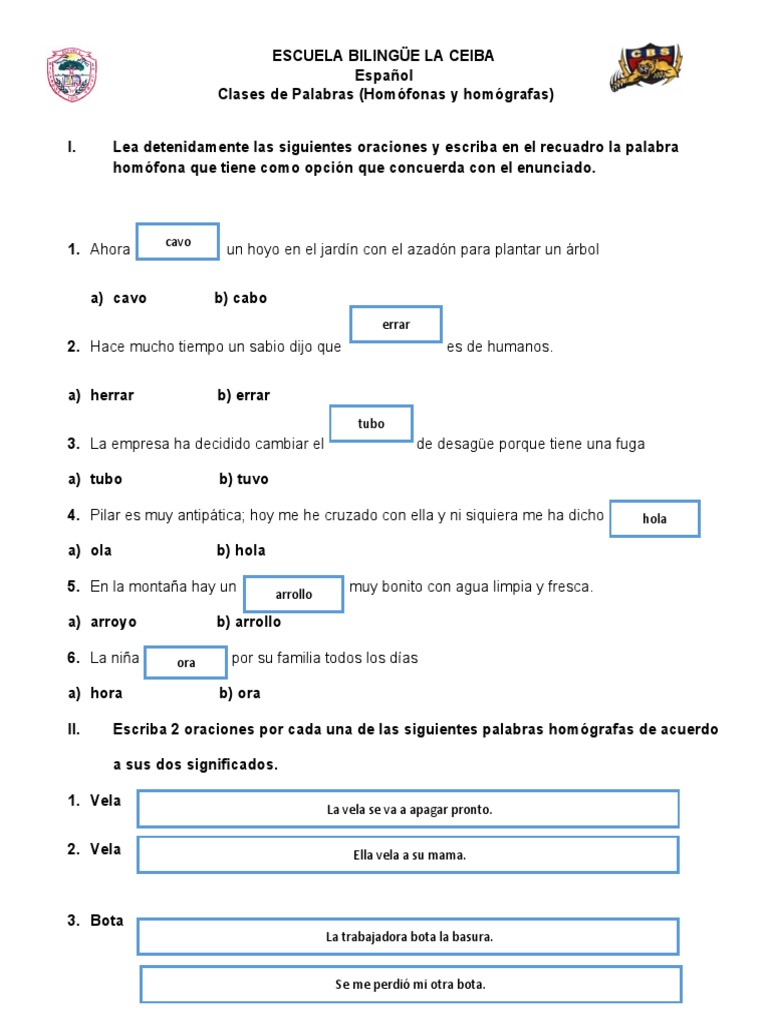 Ejercicios de Homófonas y Homógrafas | PDF | Artes del Lenguaje y ...