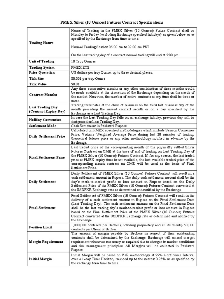 PMEX Silver Futures Contract Specs | PDF | Futures Contract | Margin ...