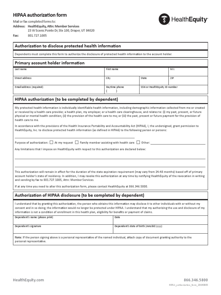 HIPAA Authorization Form: Authorization To Disclose Protected Health ...