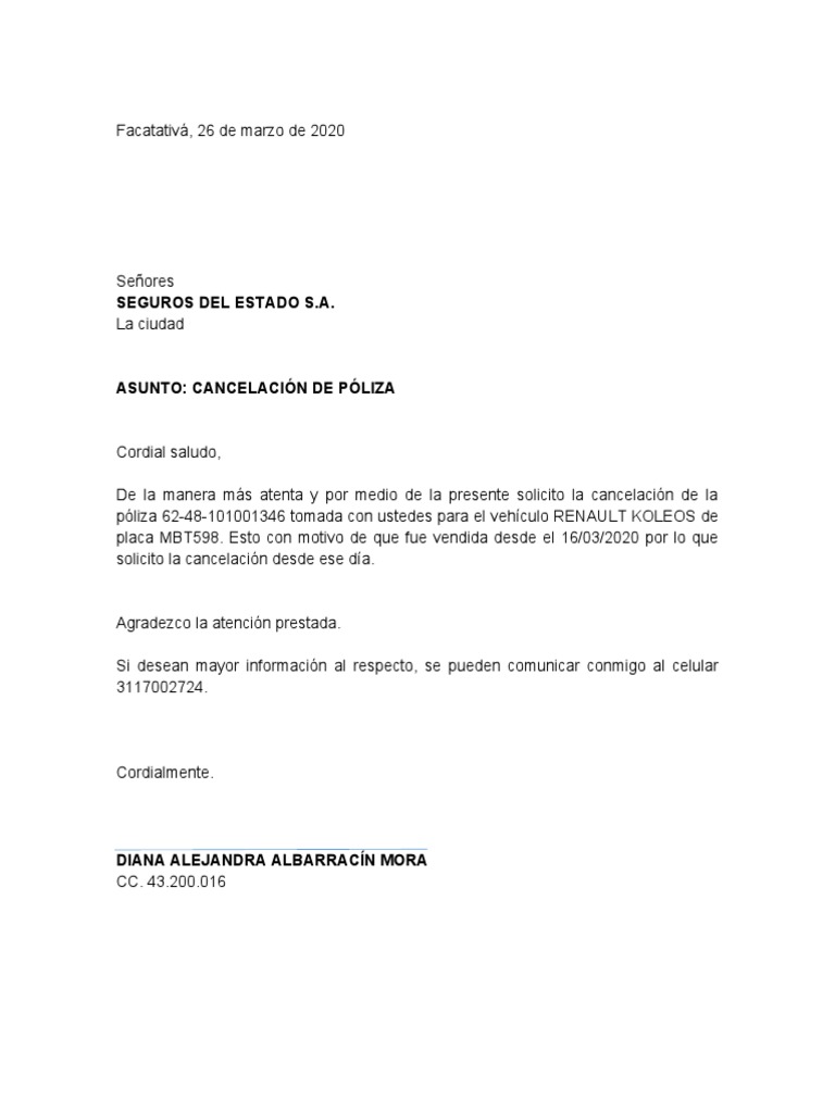 Carta de Cancelación Póliza | PDF