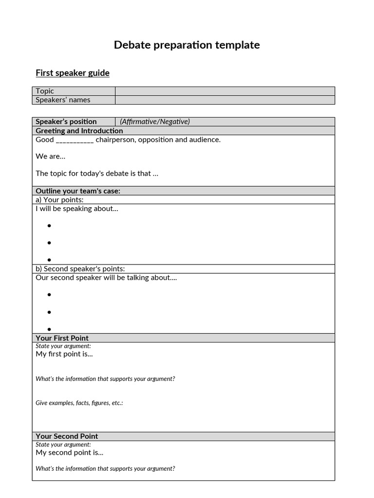 Debate Preparation Template: First Speaker Guide | PDF