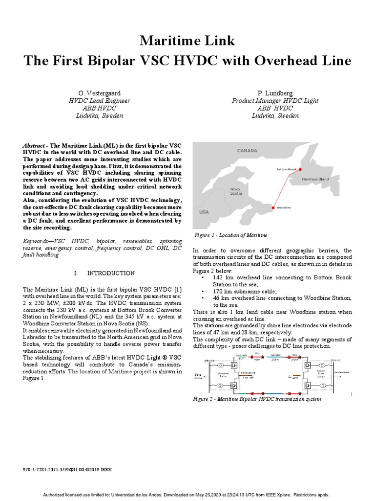 Maritime Link The First Bipolar VSC HVDC With Overhead Line: O ...