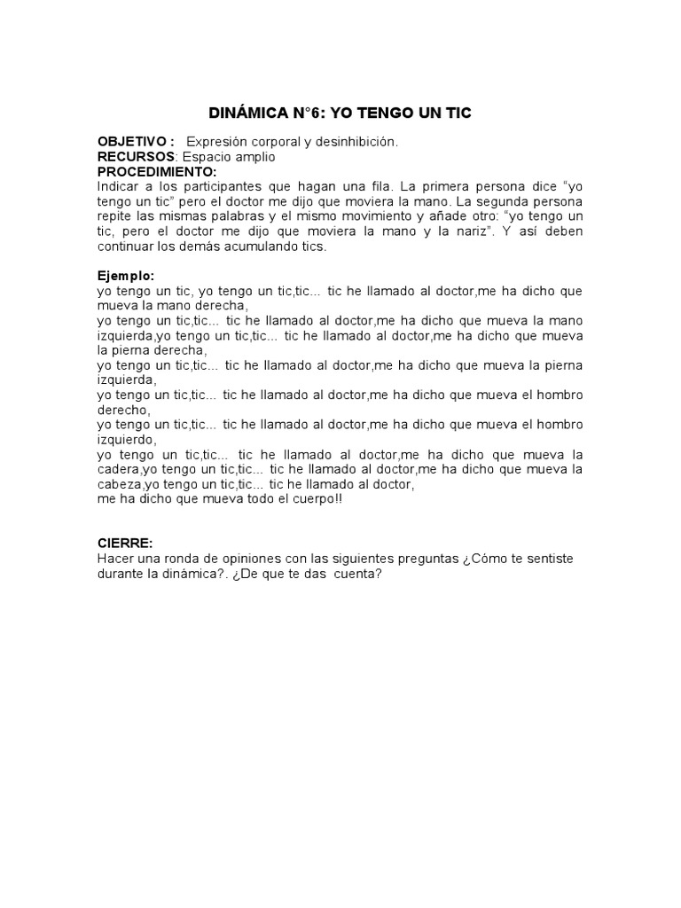 Dinámica N 6 Yo Tengo Un Tic Pdf