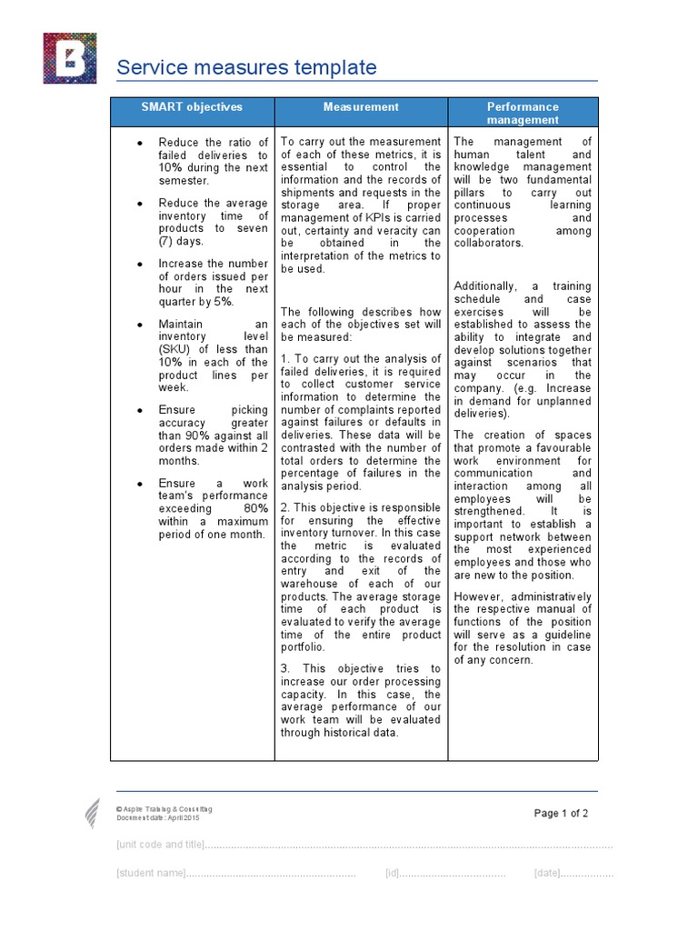Service Measures Template: SMART Objectives Measurement Performance ...