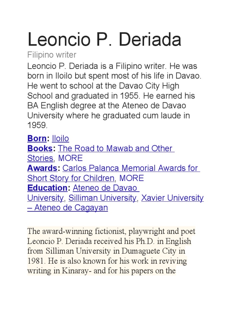 Leoncio P. Deriada: Filipino Writer | PDF