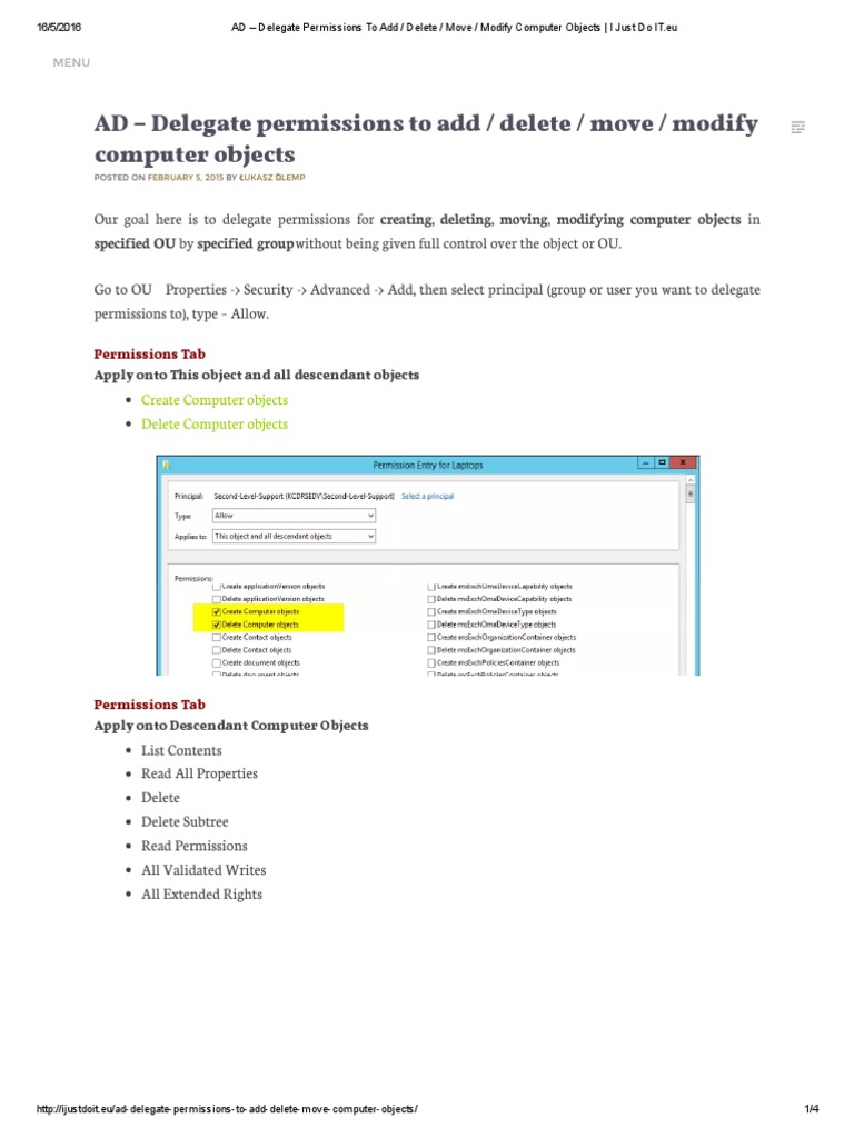 AD - Delegate Permissions To Add - Delete - Move - Modify Computer Objects - I Just Do IT | PDF ...