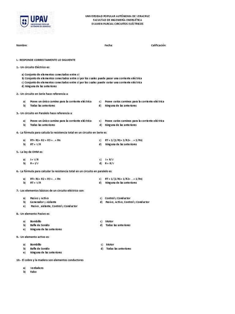 Examen Parcial Circuitos Electricos | PDF | Resistencia Eléctrica y ... Examen Parcial Circuitos Electricos | PDF | Resistencia Eléctrica y ...
