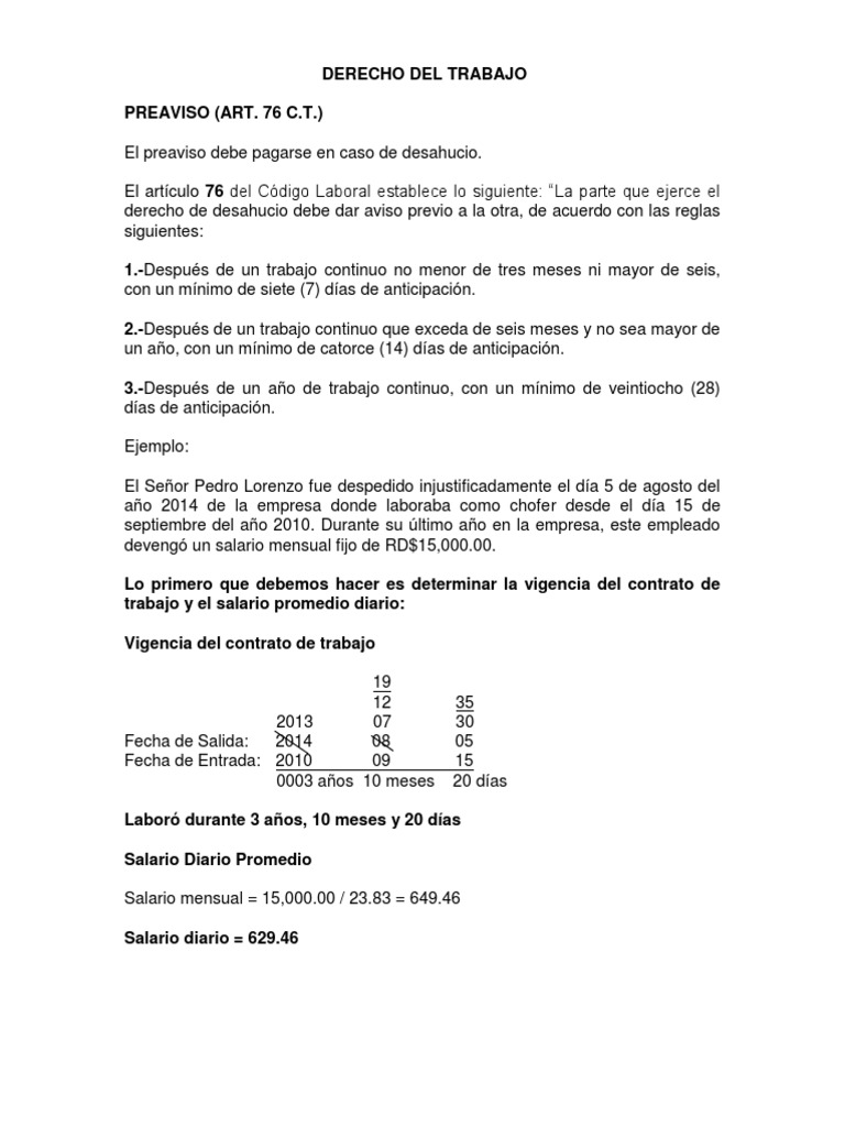 Derecho a preaviso y su cálculo en caso de despido injustificado | PDF