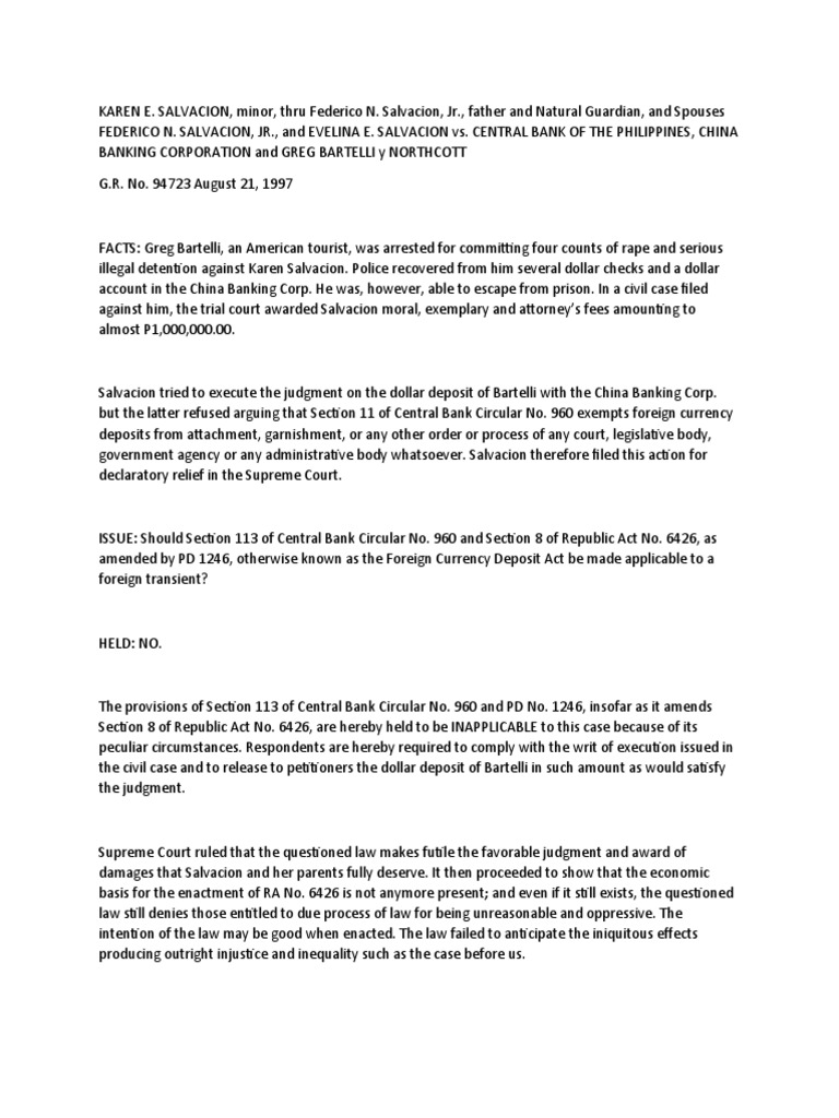 Salvacion vs Central Bank Ruling Summary | PDF | Central Banks | Lawsuit