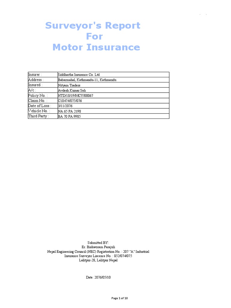 Surveyor's Report For Motor Insurance | PDF | Insurance | License