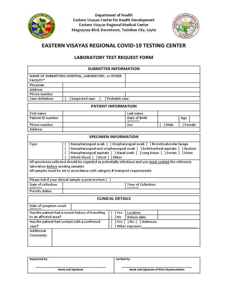 COVID-19 Laboratory Test Request Form | PDF | Medical Specialties ...