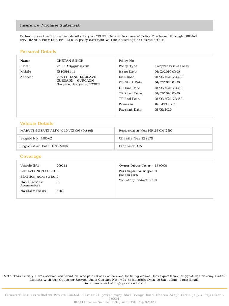 Personal Details: Insurance Purchase Statement | PDF | Insurance | Business