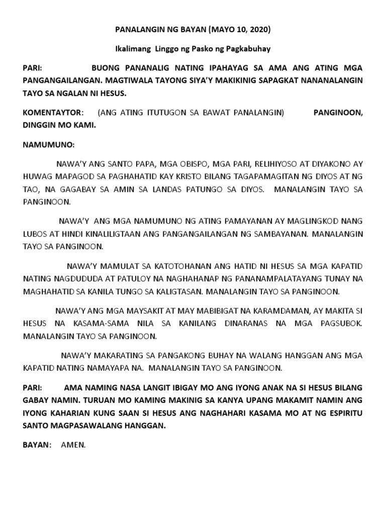 PANALANGIN NG BAYAN May 10 2020 | PDF