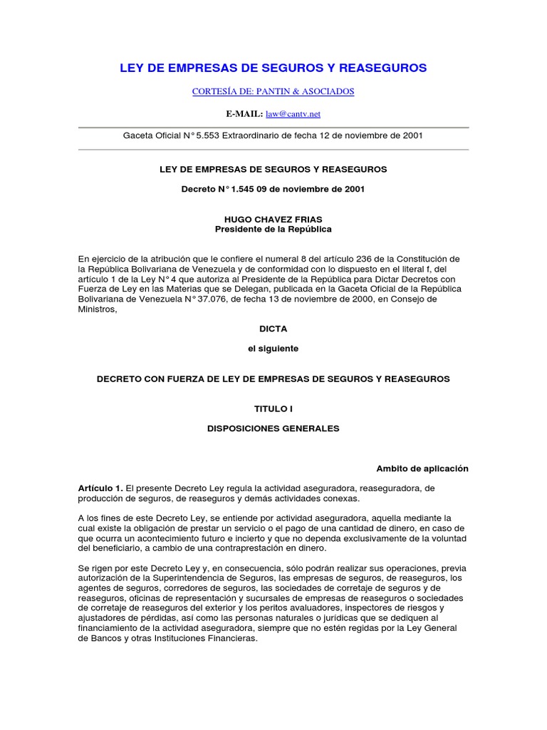Ley de Empresas de Seguros y Reaseguros | PDF | Póliza de seguros | Reaseguro