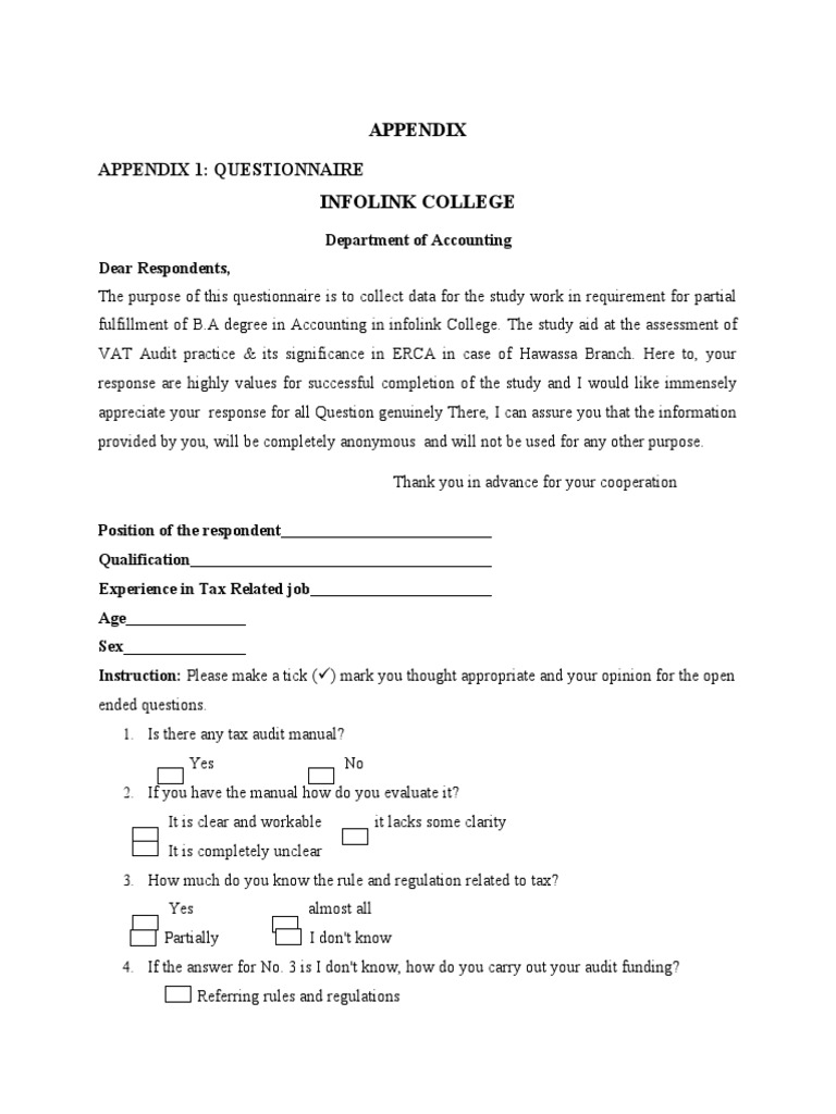 Appendix 1: Questionnaire | PDF | Audit | Value Added Tax
