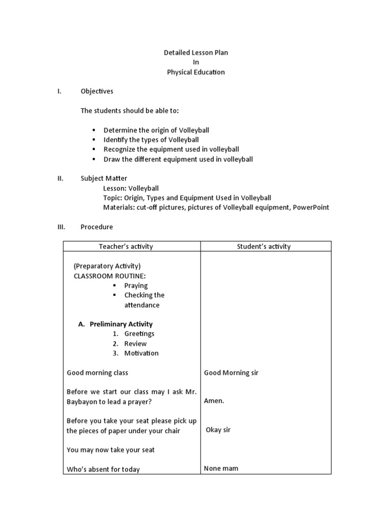 A. Preliminary Activity | PDF | Volleyball | Lesson Plan